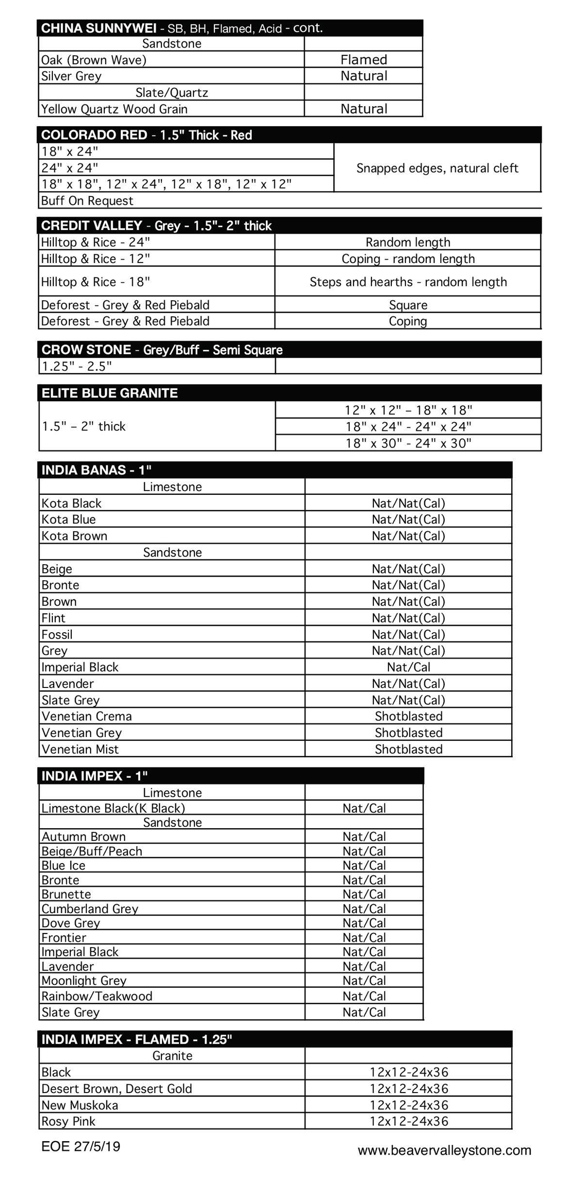 BVS Price List – Beaver Valley Stone Limited
